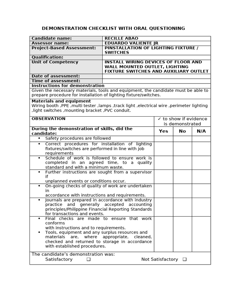 Demo Checklist With Oral Questioning and Answers | PDF | Lighting ...