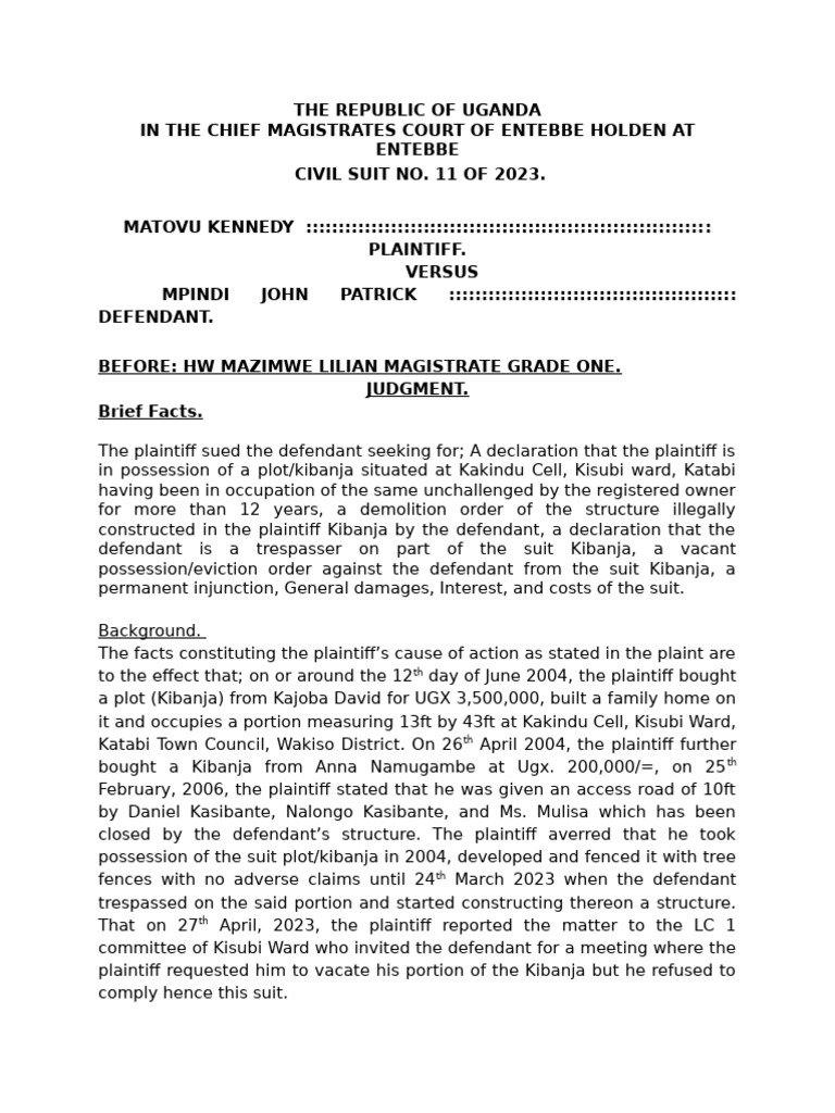 Judgment on Kibanja Dispute in Uganda | PDF | Lawsuit | Burden Of Proof ...