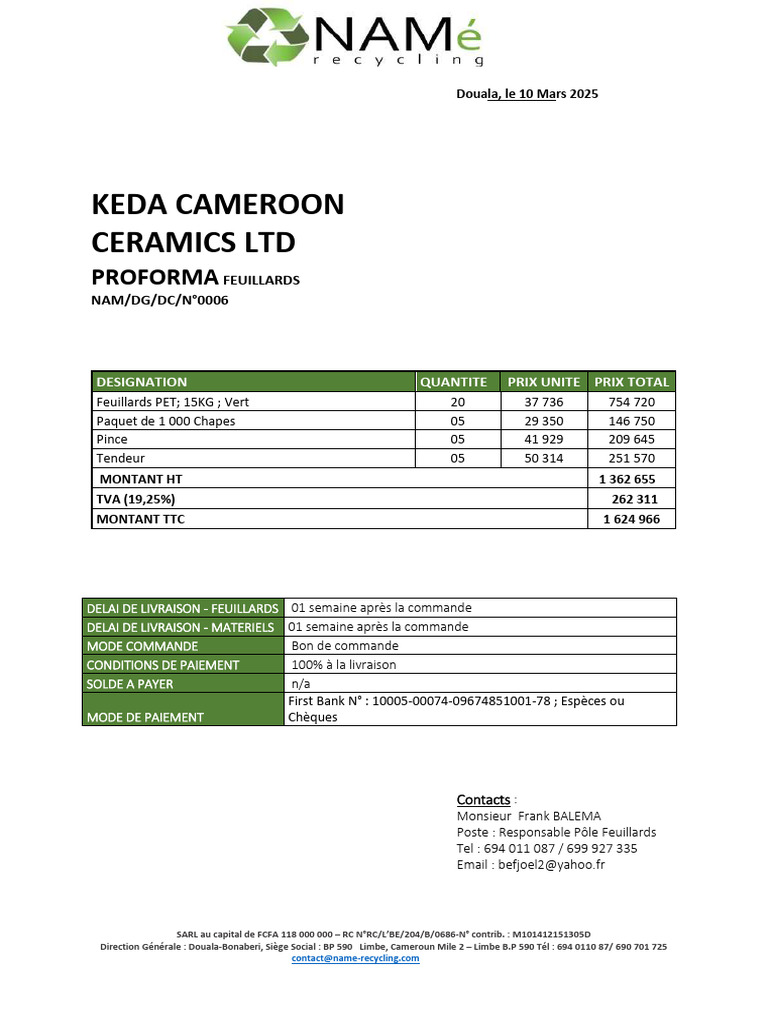 Proforma Keda Ceramics Cameroun | PDF | Impôts | Sodles
