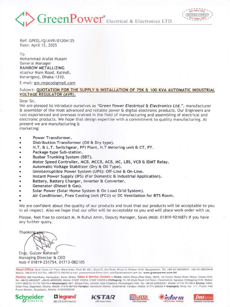 Offer For 75k & 100kva Avr | PDF | Electricity | Electrical Engineering