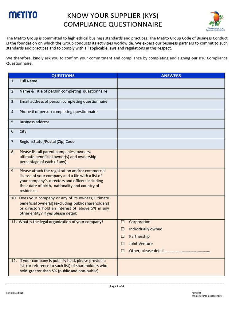 Metito KYS Compliance Questionnaire - Form 002 | PDF | Office Of ...