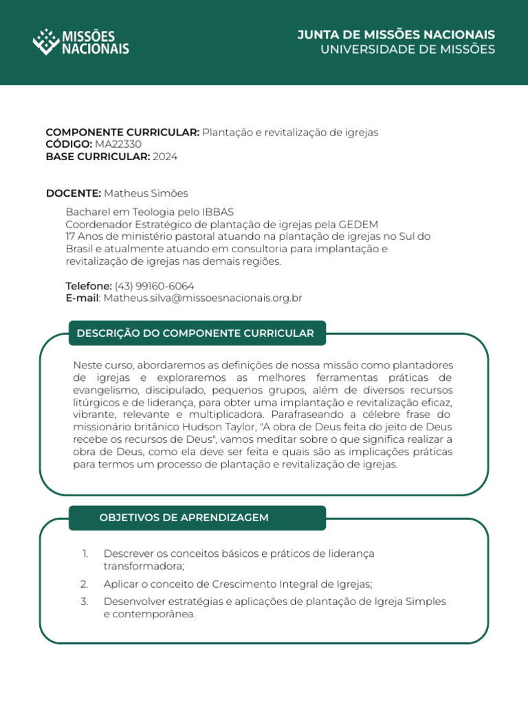 Programa de Disciplina - Modelo-1 | PDF | Aprendizado | Missão cristã