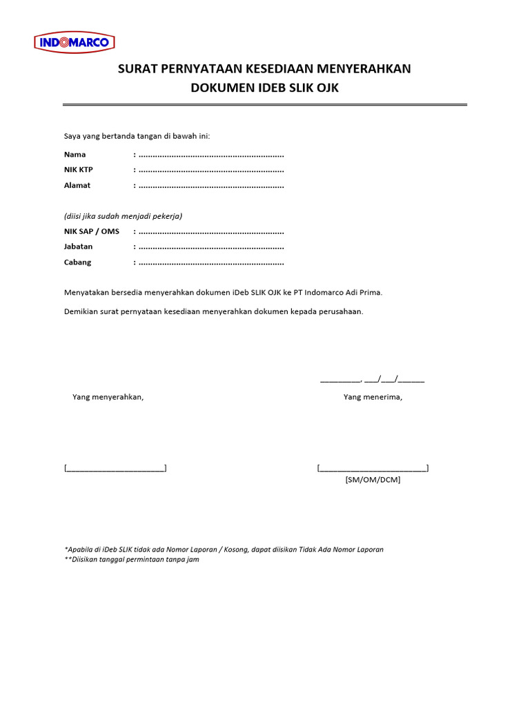 Surat Pernyataan Slik OJK | PDF