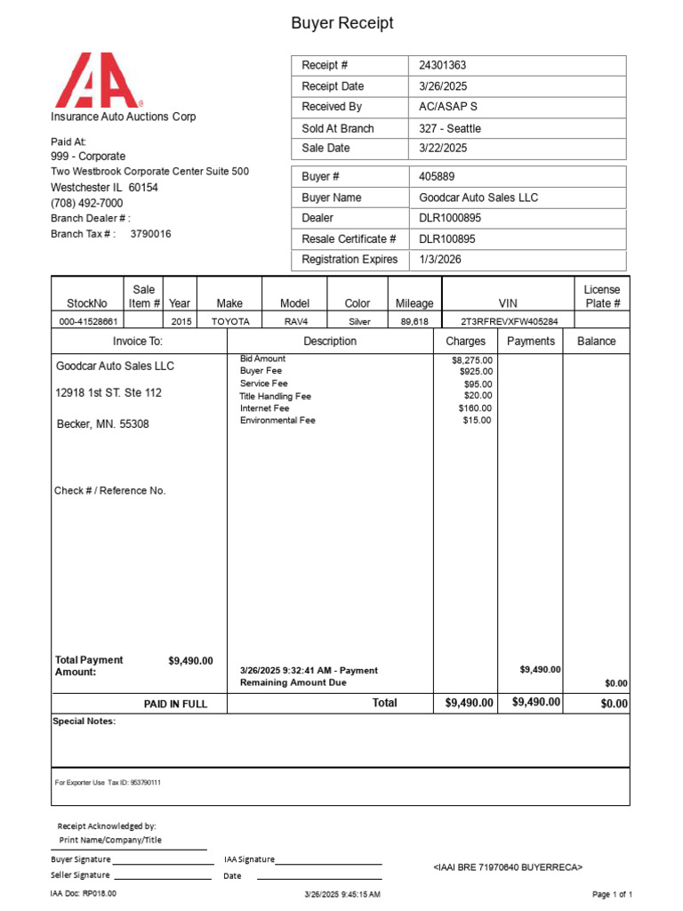 2015 TOYOTA RAV4 Receipt 24301363 | PDF | Receipt | Fee