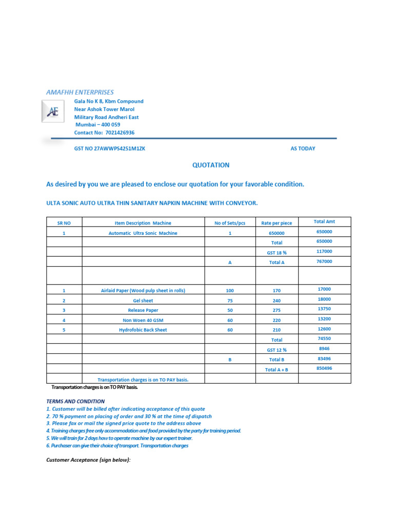 Quotation for Sanitary Napkin Machine | PDF