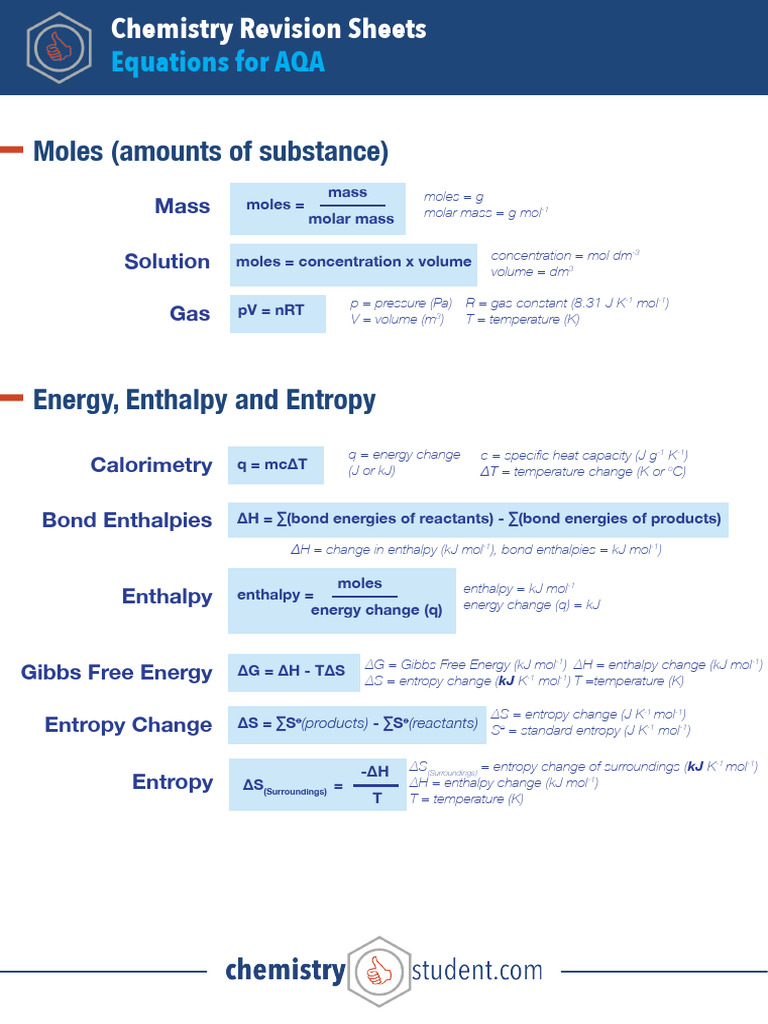 AQA Chemistry Equation Reference Sheet | PDF | Enthalpy | Chemical ...