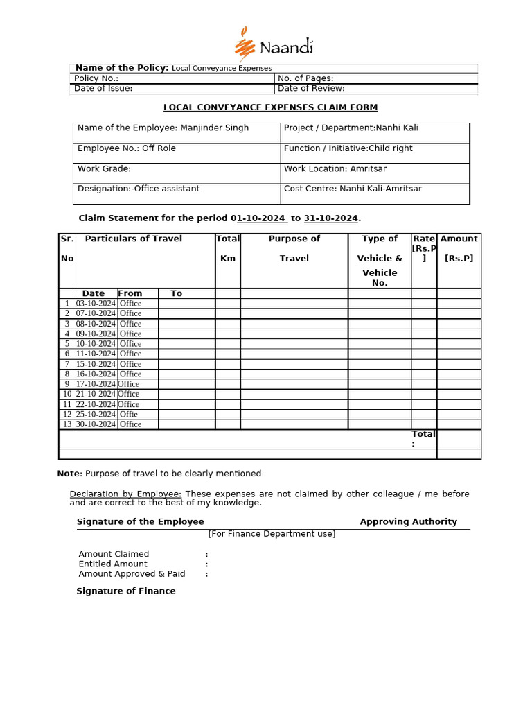 Local Conveyance Expenses | PDF
