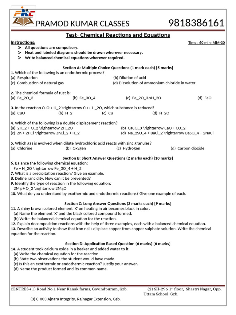 Chemical Reactions Test Paper | PDF | Chemical Reactions | Acid