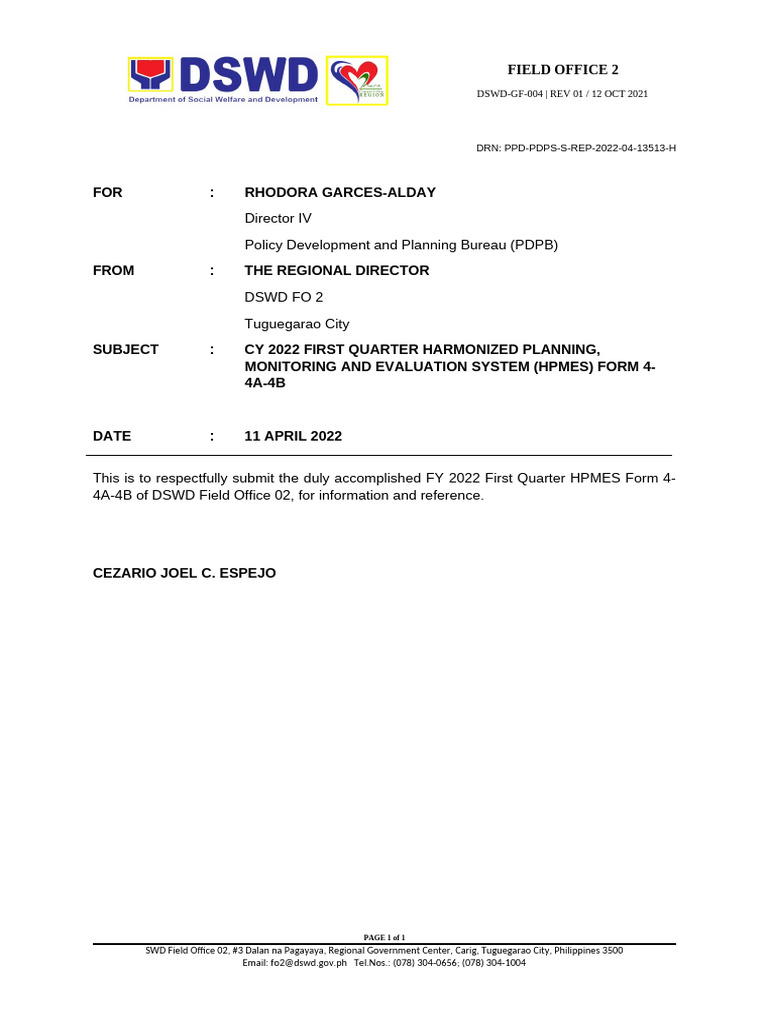 DSWD GF 004 Memorandum CY 2022 FIRST QUARTER HPMES FORM 4 REPORT 2 | PDF