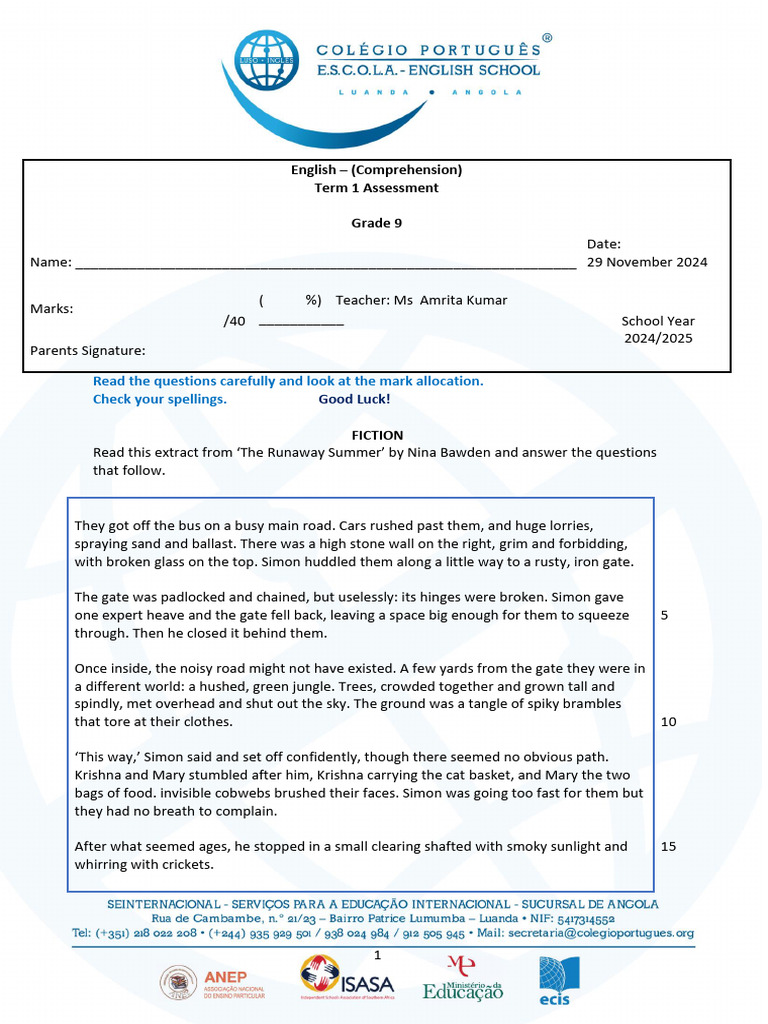 QP Grade 9 Comprehension Term 1 END TERM 2024-25 | PDF | Pasta