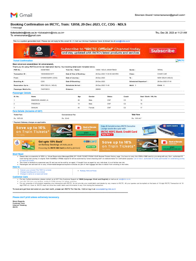 Gmail - Booking Confirmation On IRCTC, Train - 12058, 29-Dec-2023, CC ...