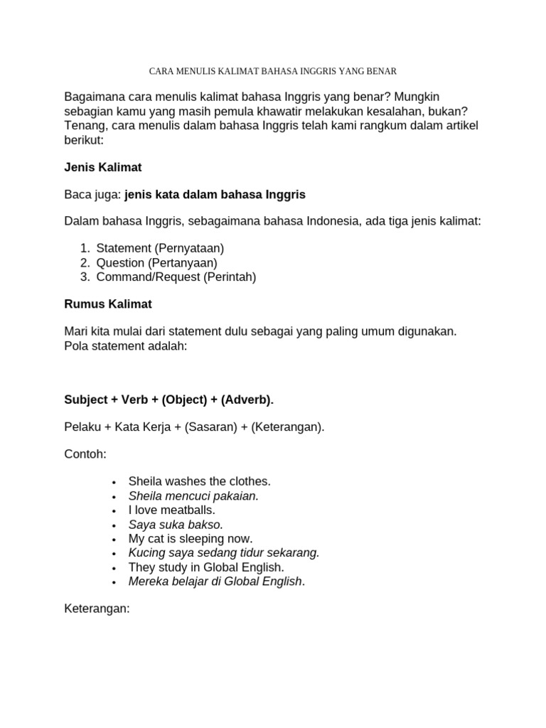Cara Menulis Kalimat Bahasa Inggris Yang Benar | PDF