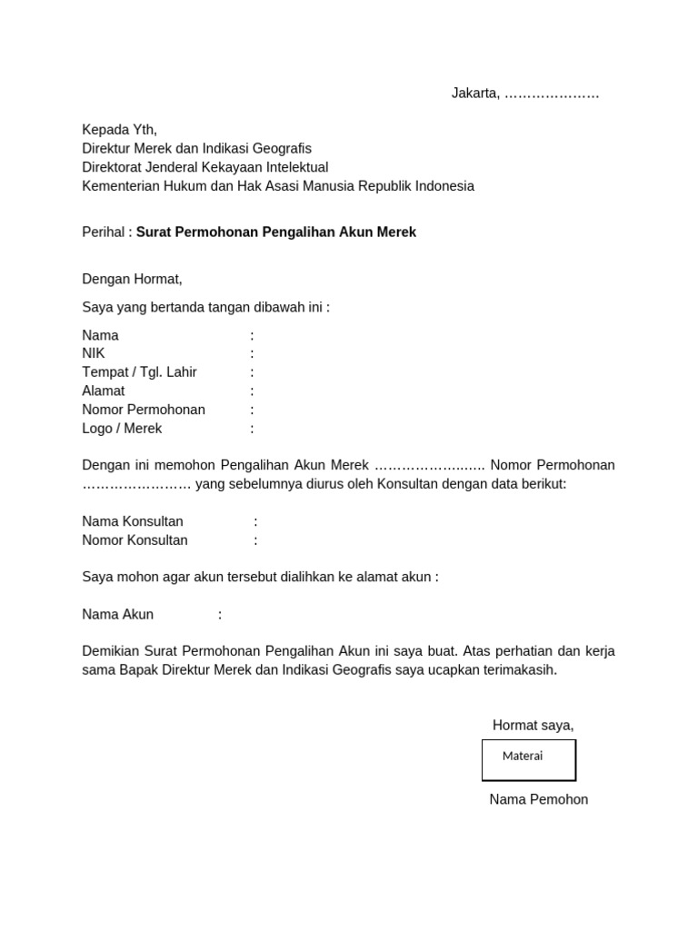 20 Surat Permohonan Pengalihan Akun Merek Bermaterai | PDF