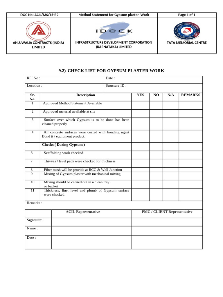 Gypsum Plaster Work Method Statement | PDF