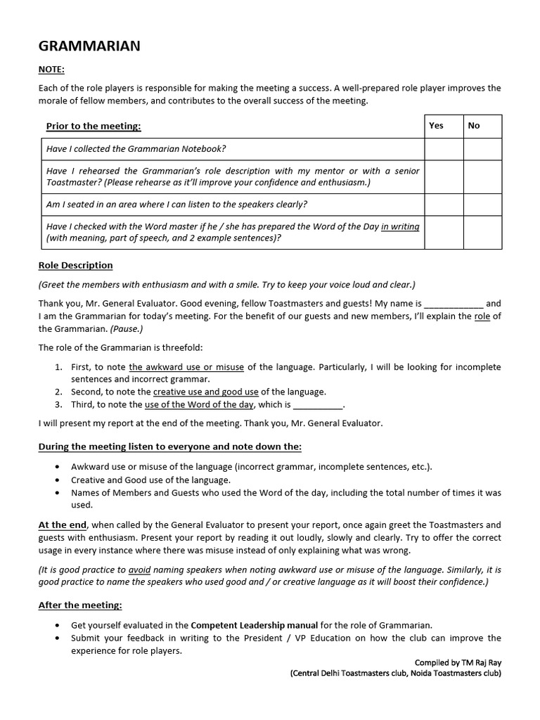 Grammarian Role Guide for Toastmasters | PDF | Linguistics | Cognitive ...