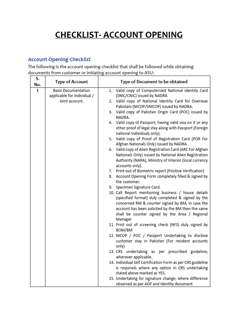 Account Opening Checklist | PDF | Identity Document | Signature
