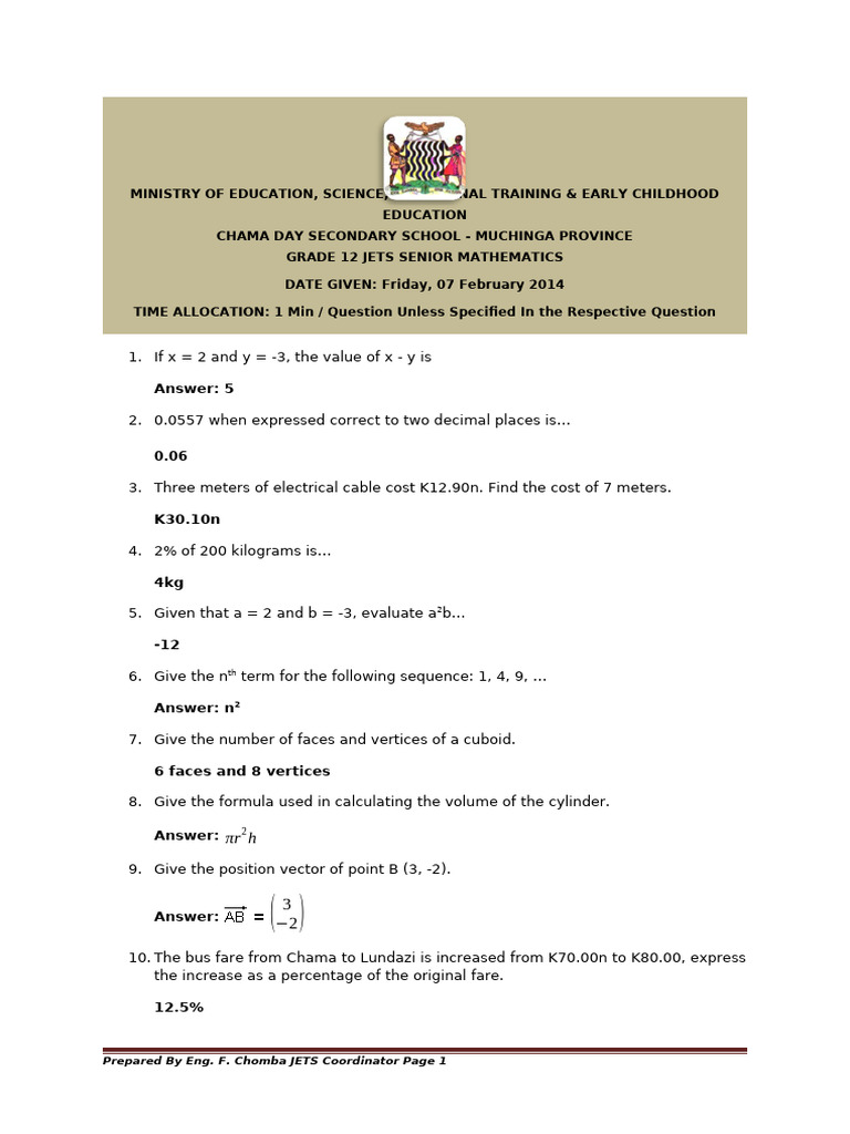 Chama Day Jets G12 Senior Mathematics Quiz | PDF