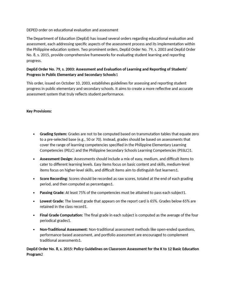 DEPED Order On Educational Evaluation and Assessment | PDF | Educational Assessment | Cognition