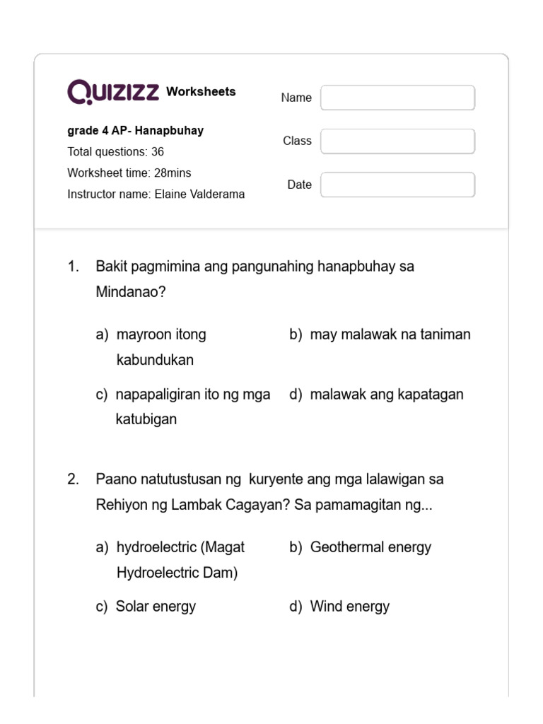 grade 4 AP- Hanapbuhay _ Quizizz | PDF