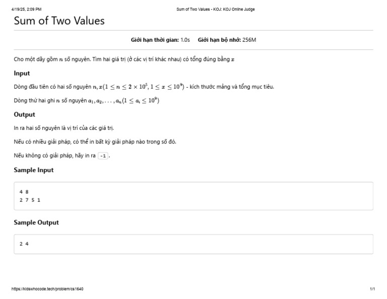 Sum of Two Values - KOJ - KOJ Online Judge | PDF