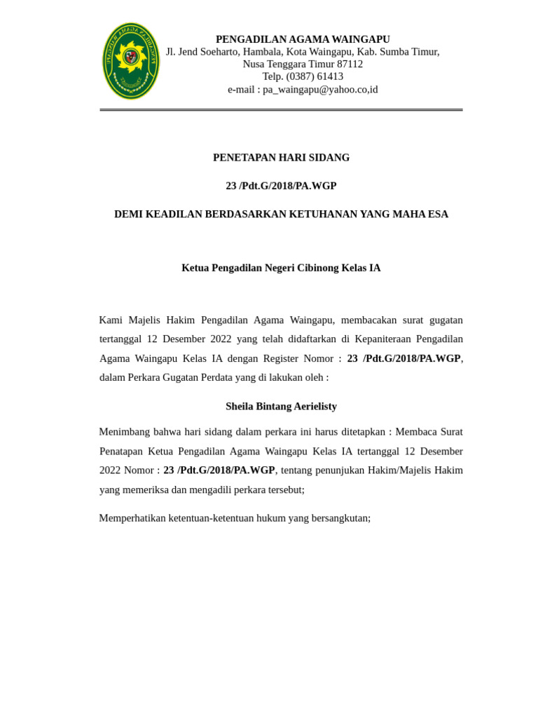 Penetapan Hari Sidang | PDF