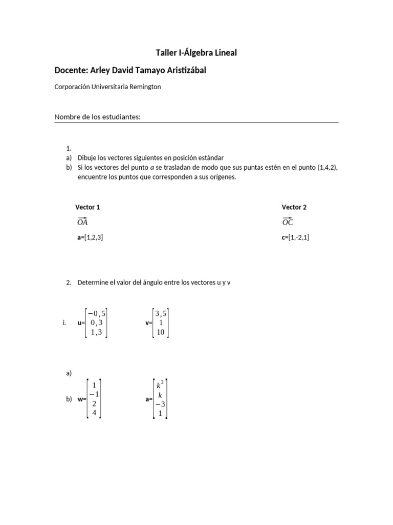 Taller de Álgebra Lineal: Ejercicios y Soluciones | PDF | Vector ...