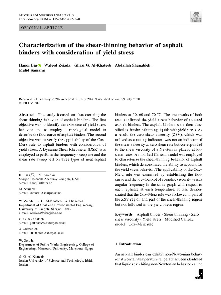 Shear-Thinning Behavior of Asphalt Binders | PDF | Shear Stress | Viscosity