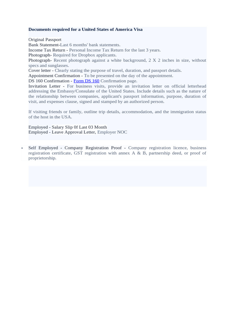 Documents Required For A United States of America | PDF