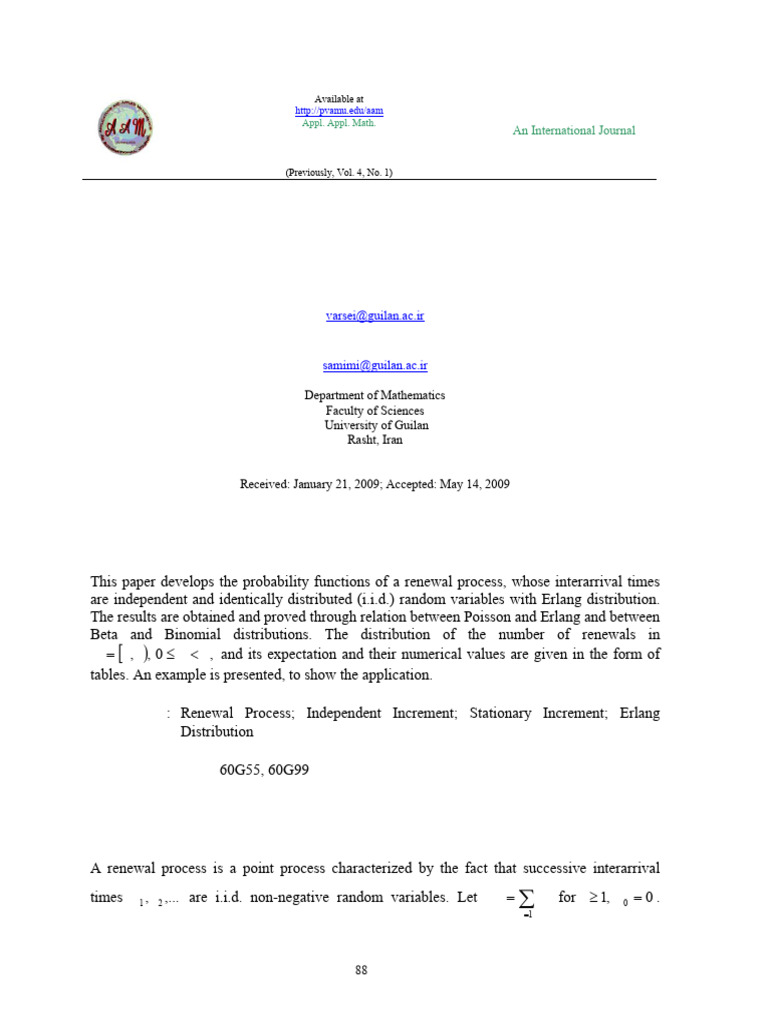 Some Results On Renewal Process With Erlang | PDF | Poisson Distribution | Teaching Mathematics