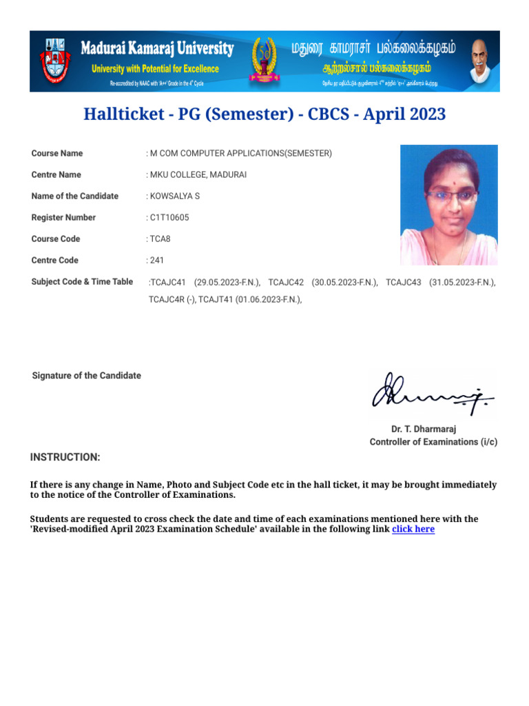 Kowsalya S Hall Ticket - April 2023 | PDF
