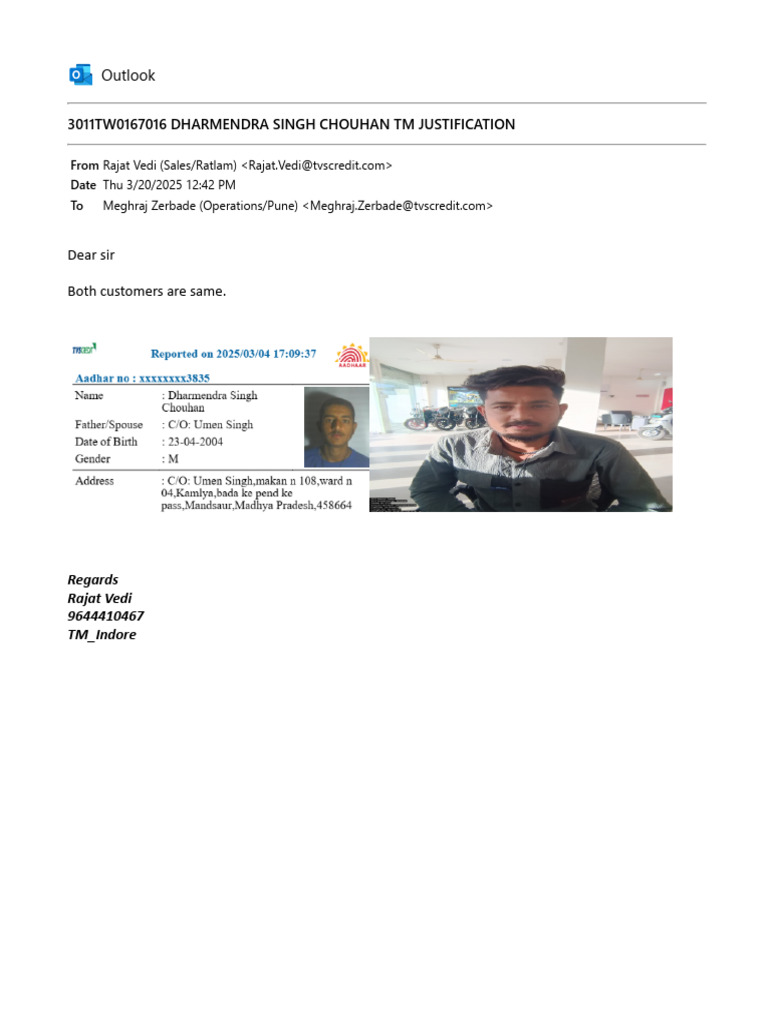 3011TW0167016 Dharmendra Singh Chouhan TM Justification | PDF