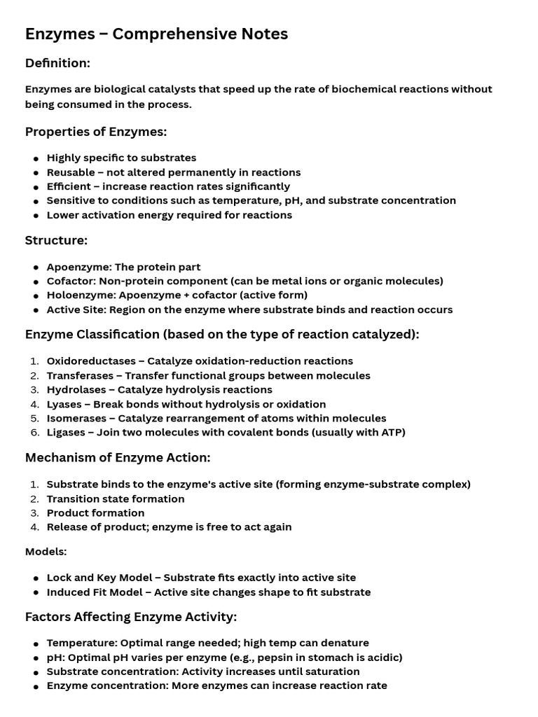 ENZYMES - Comprehensive Notes | PDF | Enzyme | Active Site