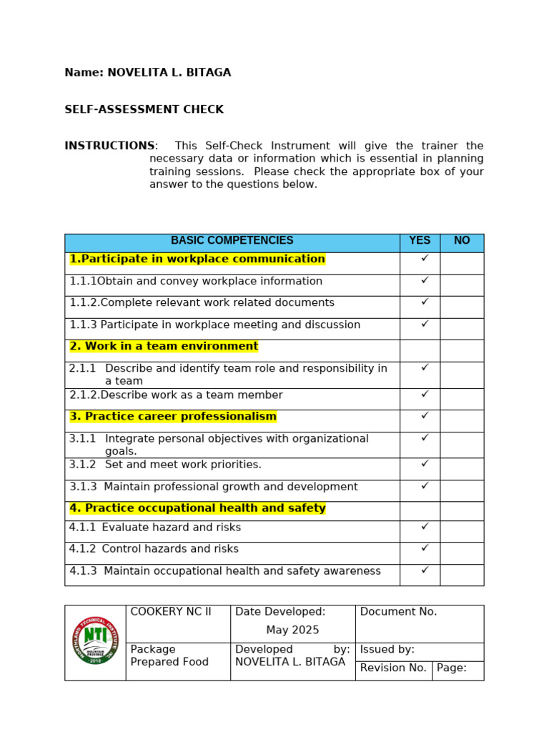Po2 Self Assessment Check Final | PDF | Cooking | Information