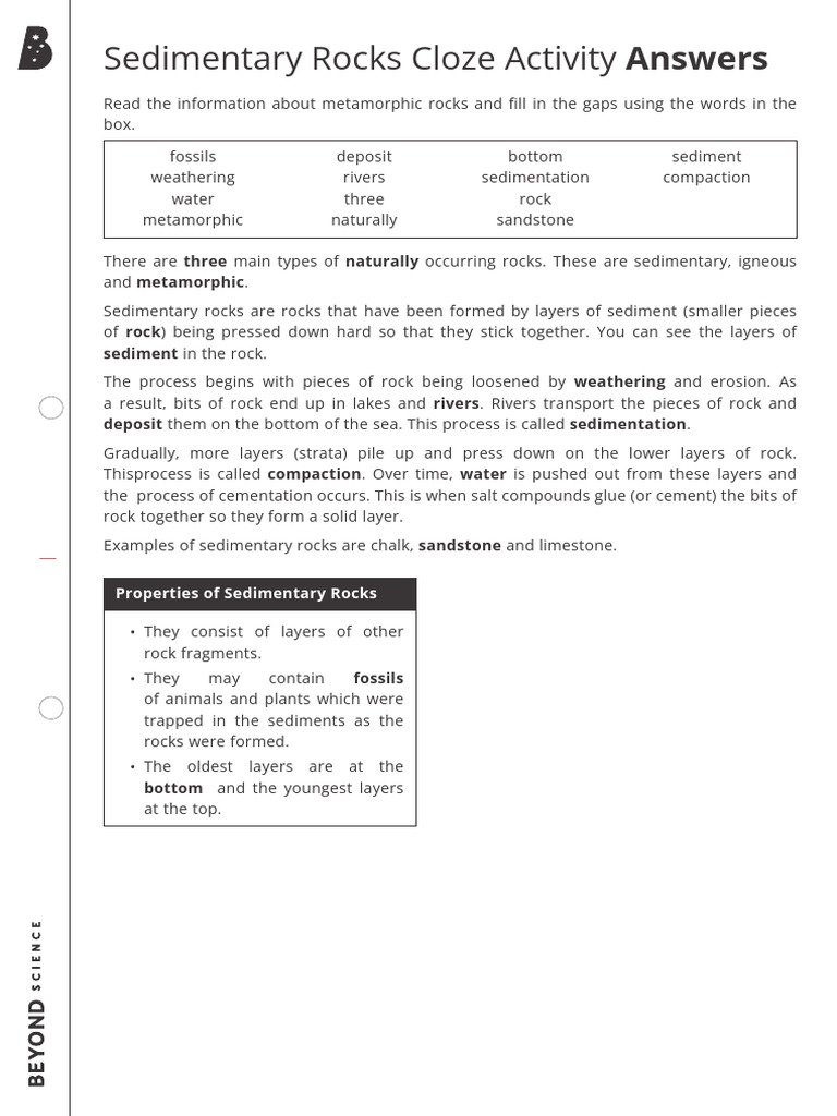 Sedimentary Rocks Cloze Activity - Answers | PDF