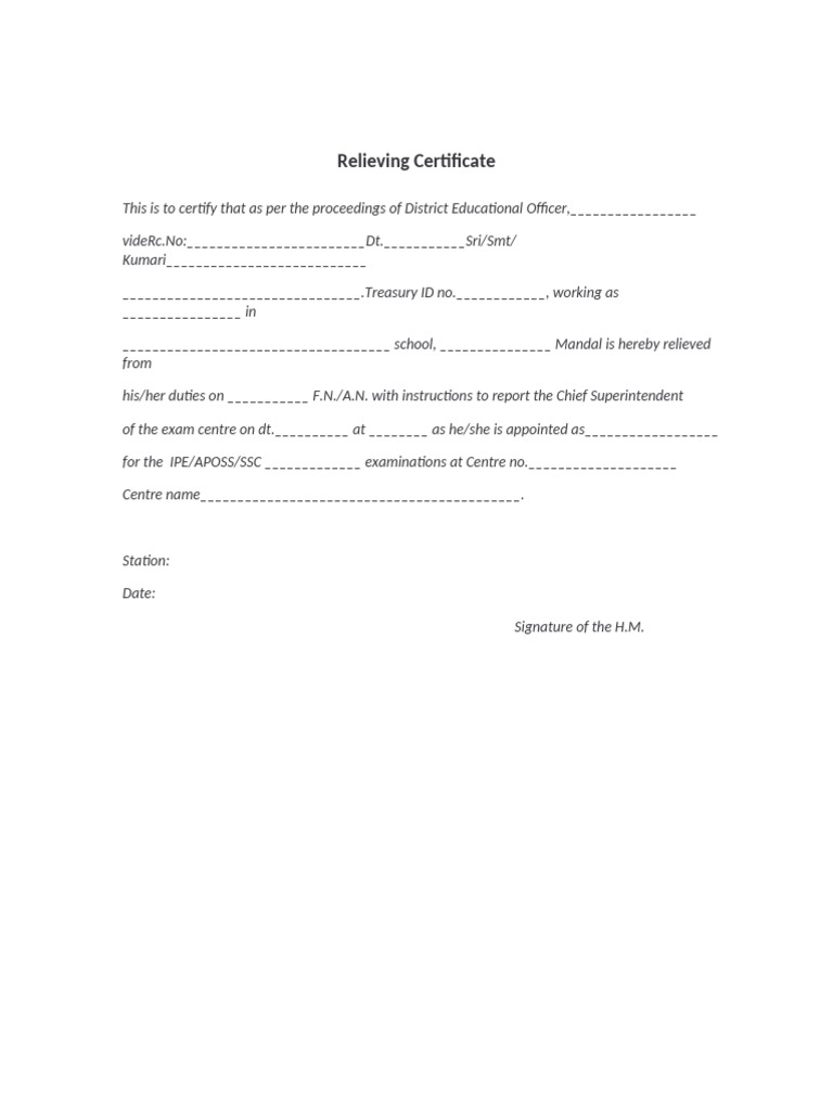 Relieving Certificate for Exam Duty | PDF