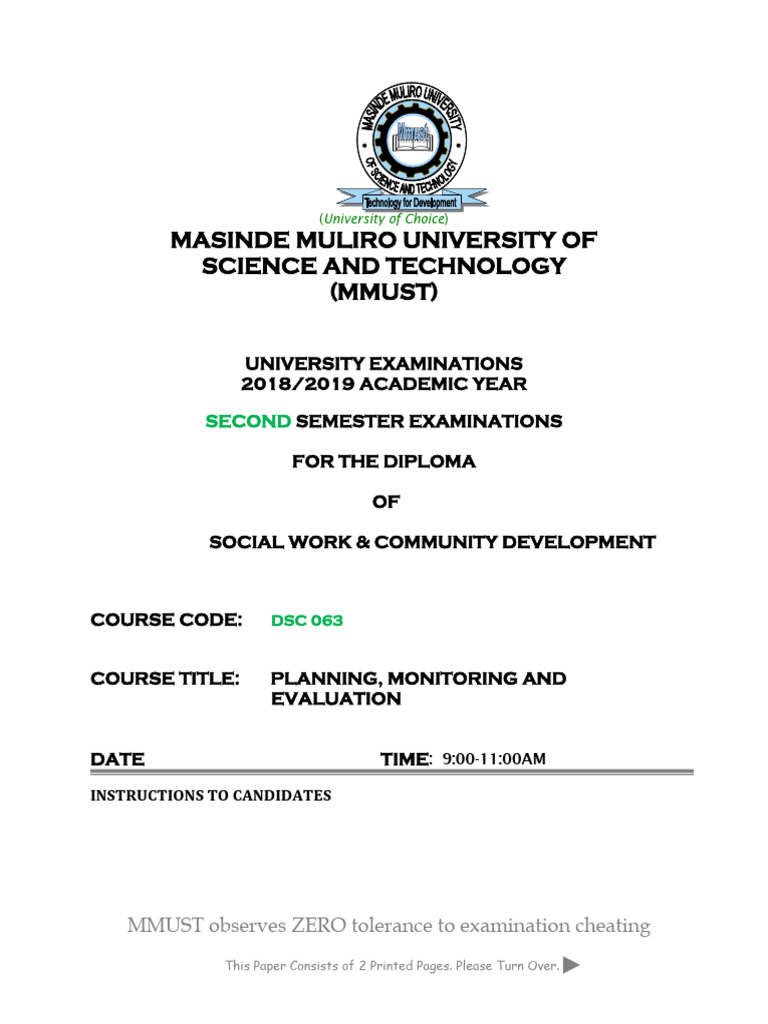 DSC 063 Project Planning Monitoring and Evaluation Exam | PDF