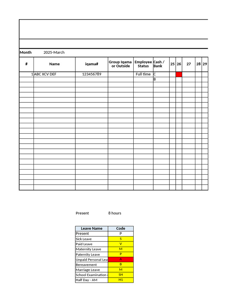 Monthly Attendance Sheet - March 2025 | PDF