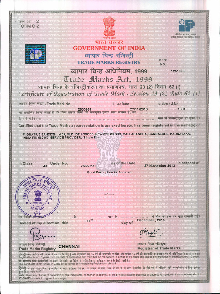 Trade Mark Registration Certificate India | PDF