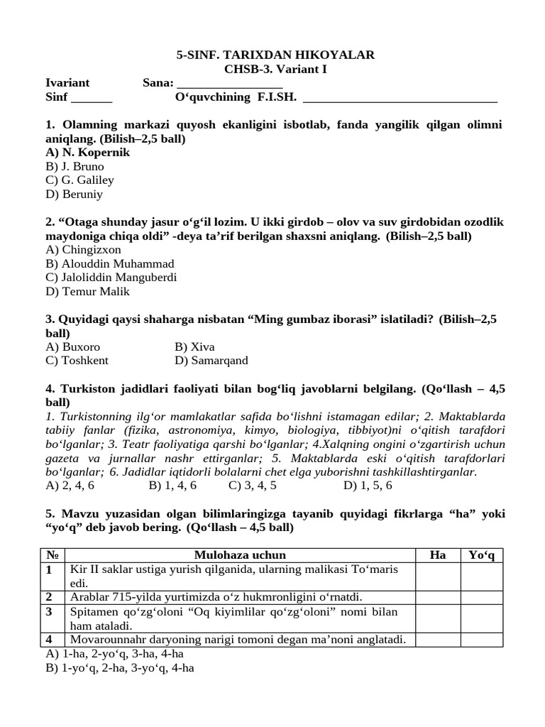 Tarixdan Hikoyalar - 5-Sinf - 3-chsb - 2-v - Uzb | PDF