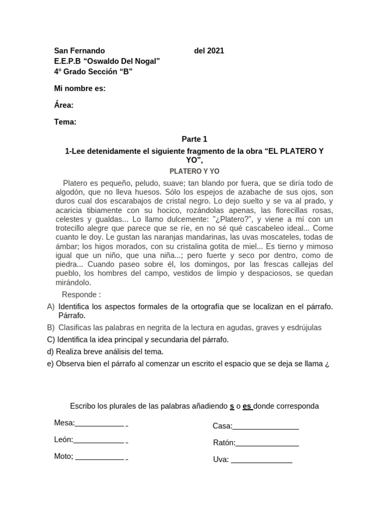Actividades de Lengua y Matemáticas 4° Grado | PDF | Lingüística