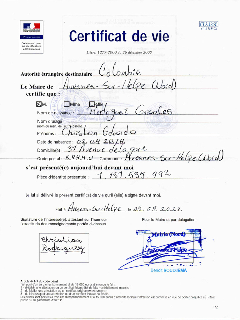 Certificat de Vie 1 | PDF