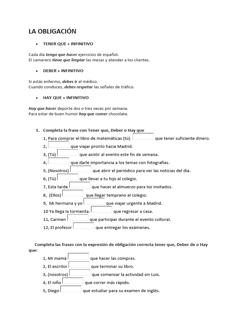 Ejercicios Tener Que, Deber, Hay Que | PDF