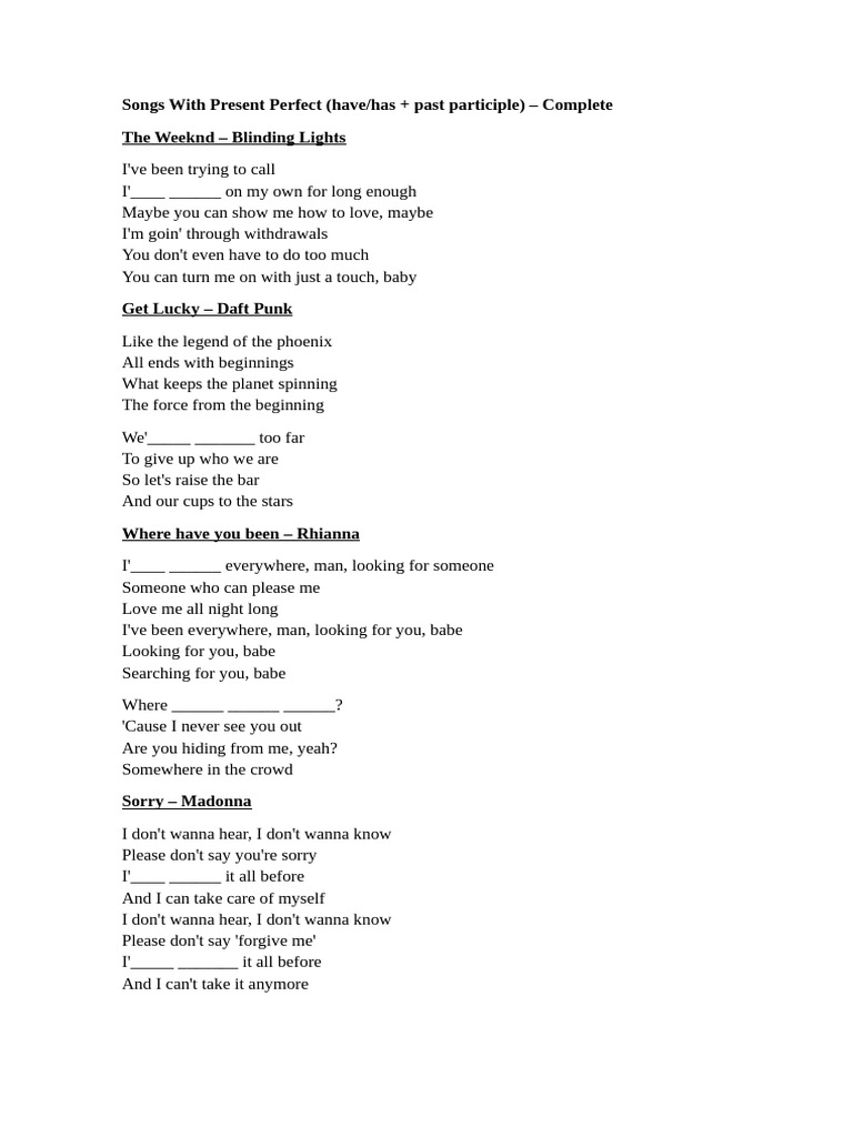 Present Perfect Tense in Song Lyrics | PDF