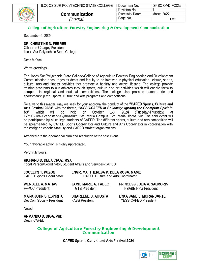 CAFED Sports Intrams 2024 LETTER | PDF