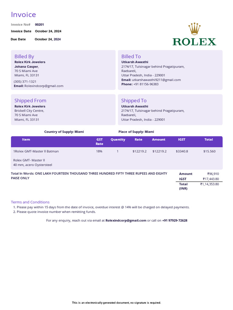 Invoice 00201 Rolex Watch Companyp LTD Utkarsh Awasthi | PDF | Invoice ...