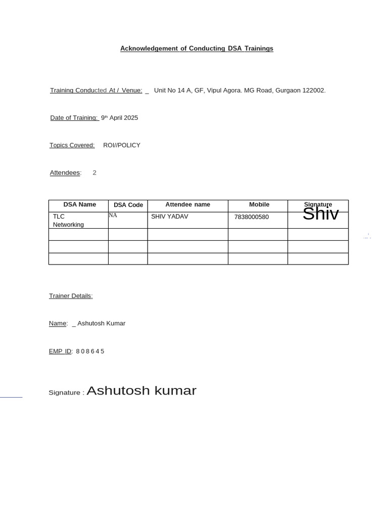 DSA Traning Acknowledgement | PDF