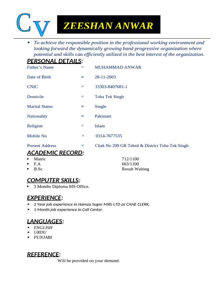 Zeeshan Anwar CV 2022-23 | PDF