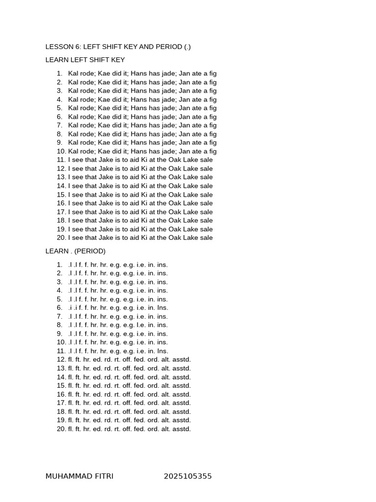 Lesson 6 Left Shift Key and Period (.) | PDF