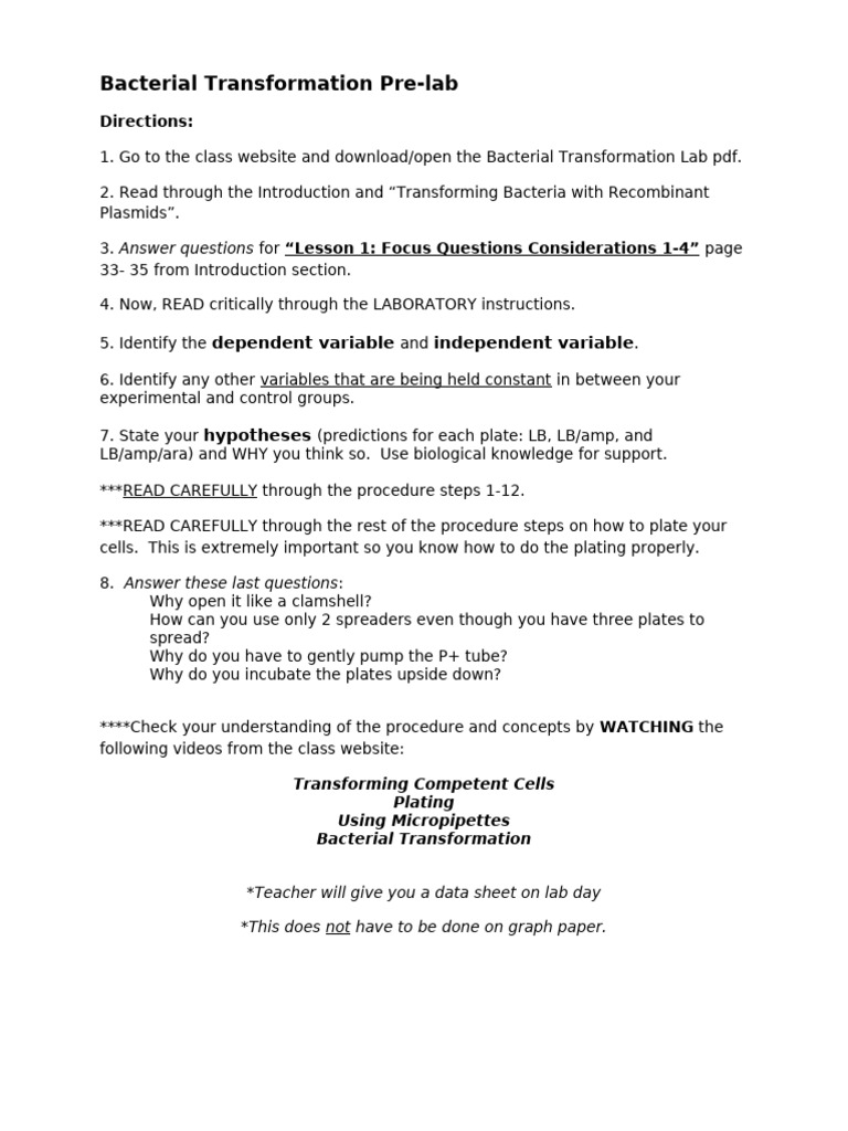 Bacterial Transformation Prelab 2016 | PDF