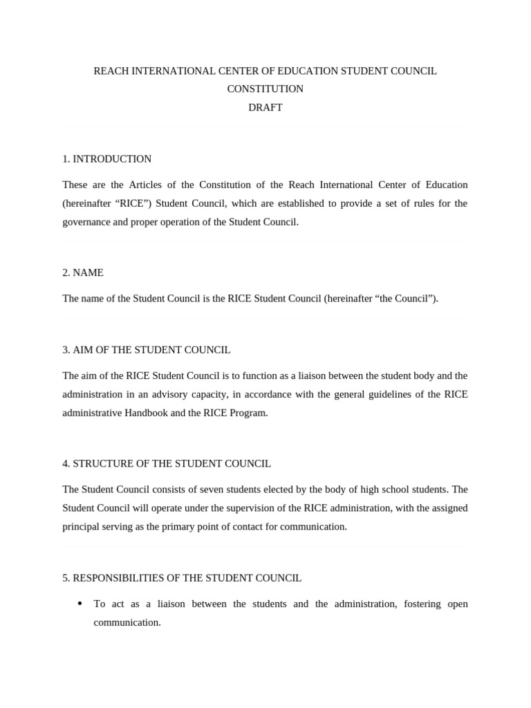 Reach International Center of Education Student Council Constitution ...